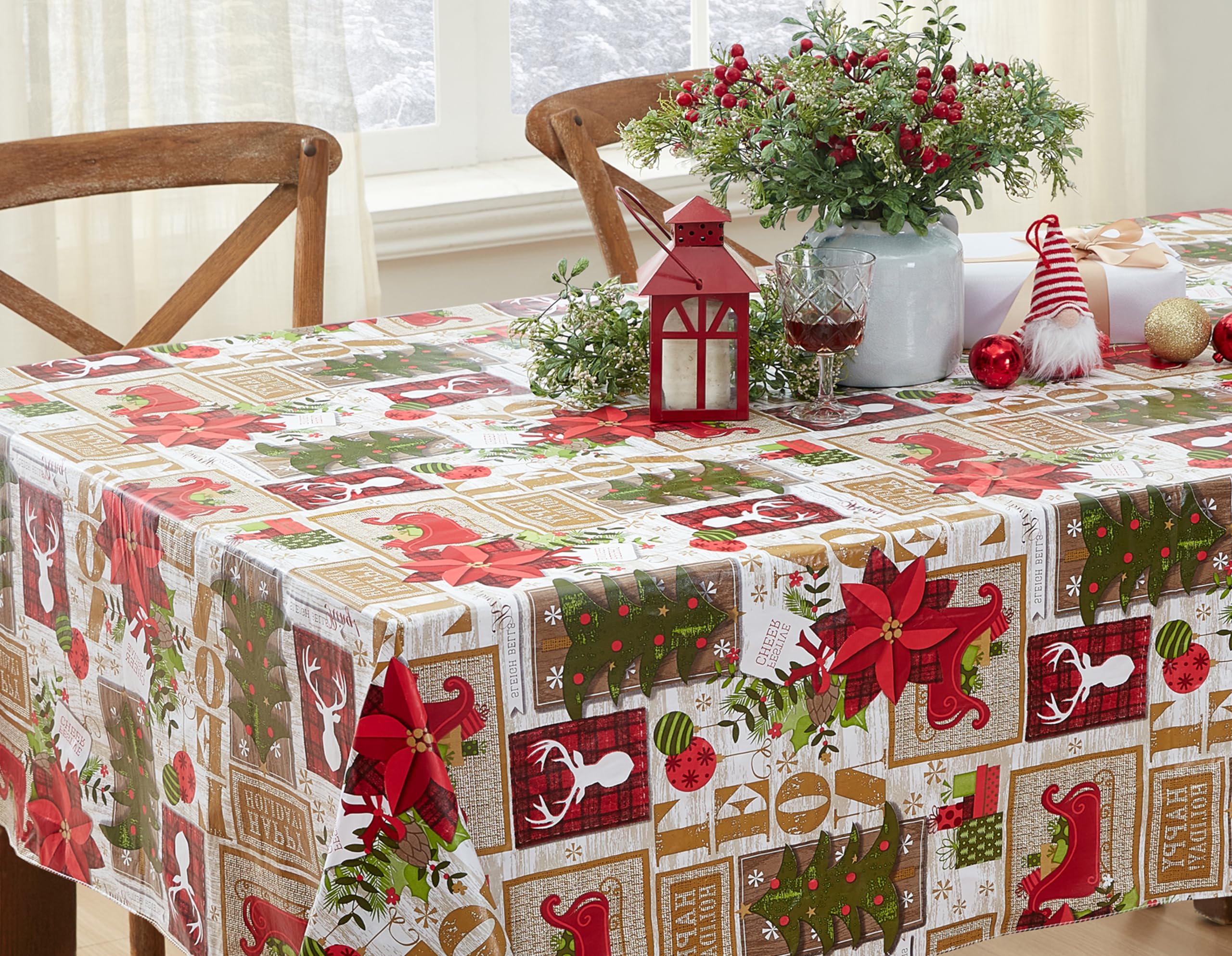 Newbridge Ivory Sleigh Bells Ring Country Rustic Vinyl Flannel Back Vinyl Christmas Tablecloth, Moose Antlers, Sleighs and Festive Xmas Wipe Clean Tablecloth, 60 Inch x 84 Inch Oblong/Rectangle