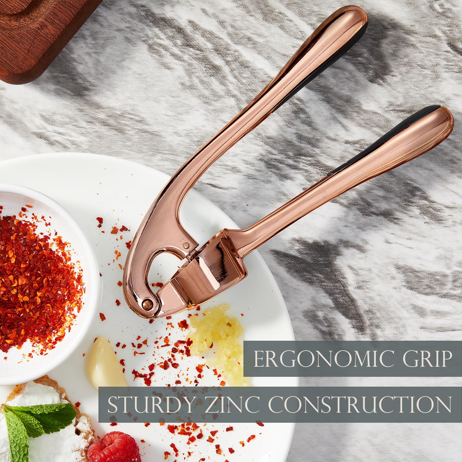 Premium Garlic Press, Professional Garlic Mincer, Easy to Squeeze and Clean, Rust Proof & Dishwasher Safe, Efficient Ginger Crusher - Antique Copper