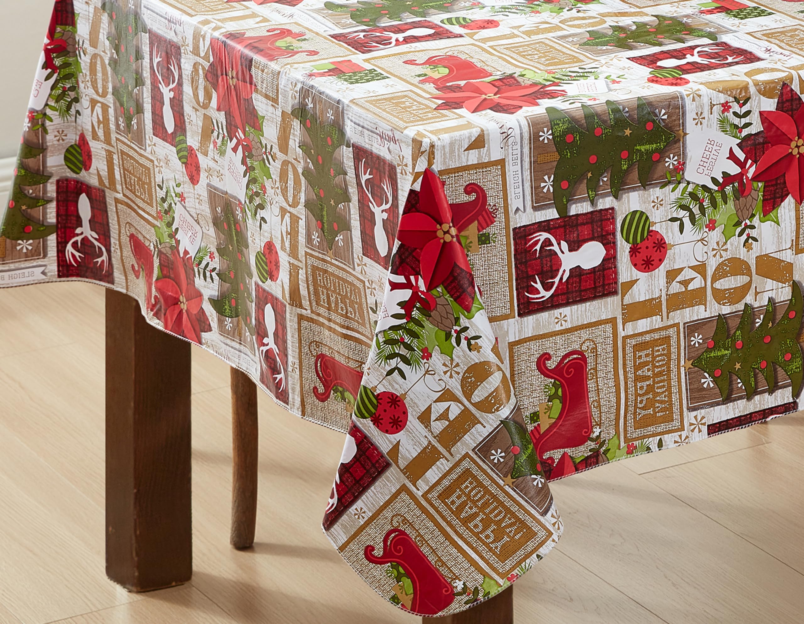 Newbridge Ivory Sleigh Bells Ring Country Rustic Vinyl Flannel Back Vinyl Christmas Tablecloth, Moose Antlers, Sleighs and Festive Xmas Wipe Clean Tablecloth, 60 Inch x 84 Inch Oblong/Rectangle