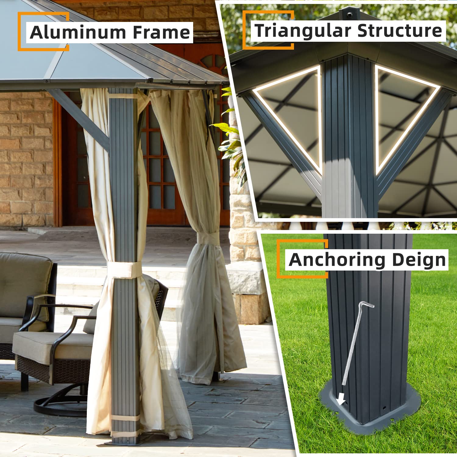 EROMMY 12'x20' Gazebo Double Aluminum Composite Roof Permanent Pavilion Gazebo Outdoor Hardtop Aluminum Frame Canopy with Curtains and Netting for Backyard Patio Lawn Garden