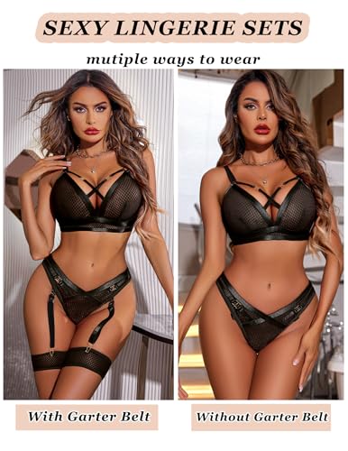 Avidlove Lingerie Sets For Women Sexy 3 Piece Bra Panty Set Rave Outfits for Women (Black, Medium)