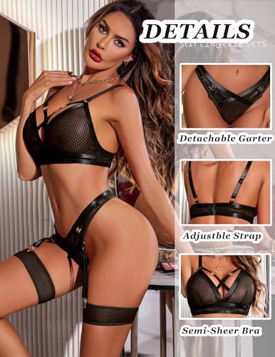 Avidlove Lingerie Sets For Women Sexy 3 Piece Bra Panty Set Rave Outfits for Women (Black, Medium)