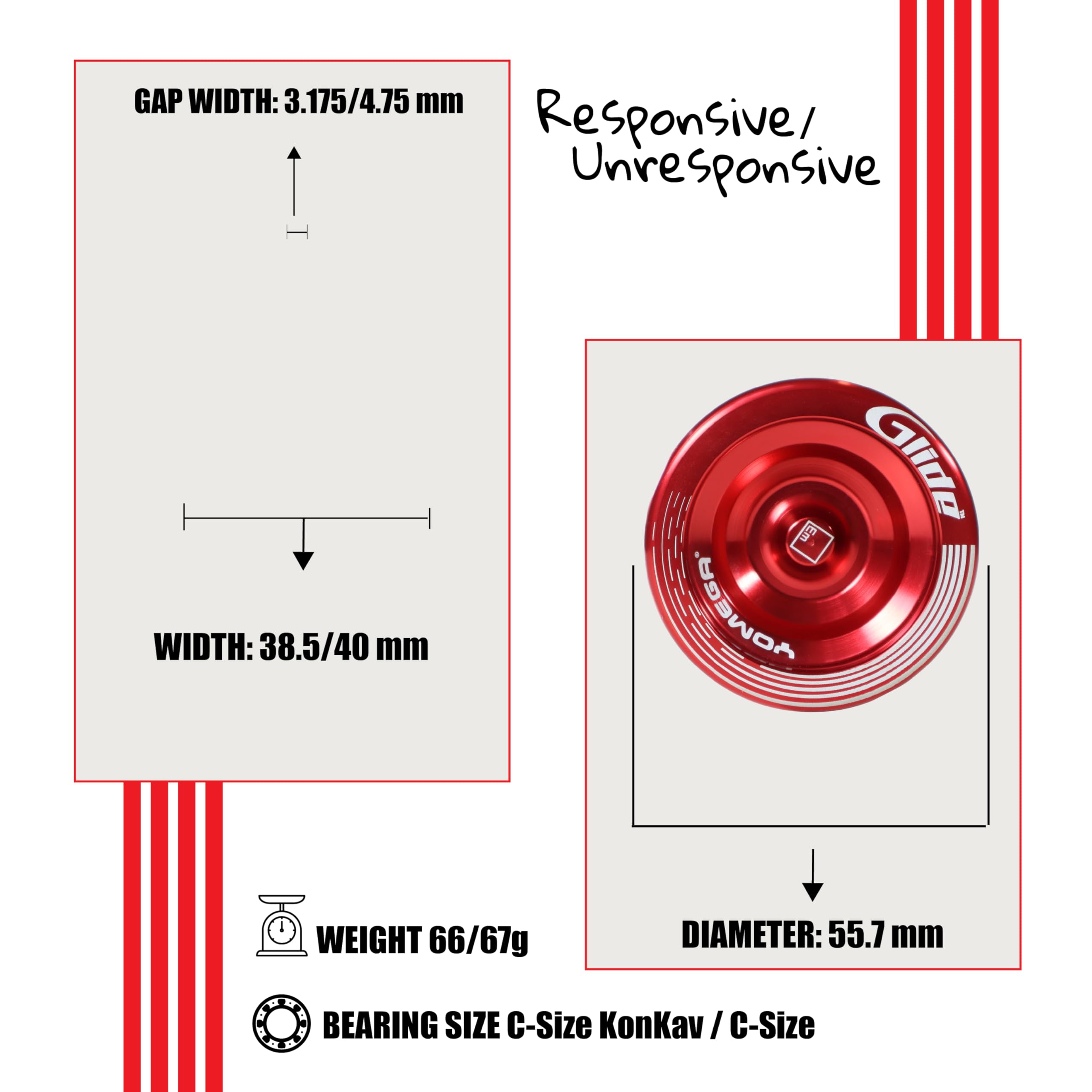 Yomega Glide® – Pro Level Aluminum Metal unresponsive Yoyo for Advance Players – Wing Shaped, C Size Ball Bearing Yoyo + Glove + 5 Extra Strings + 3 Month Warranty (red)