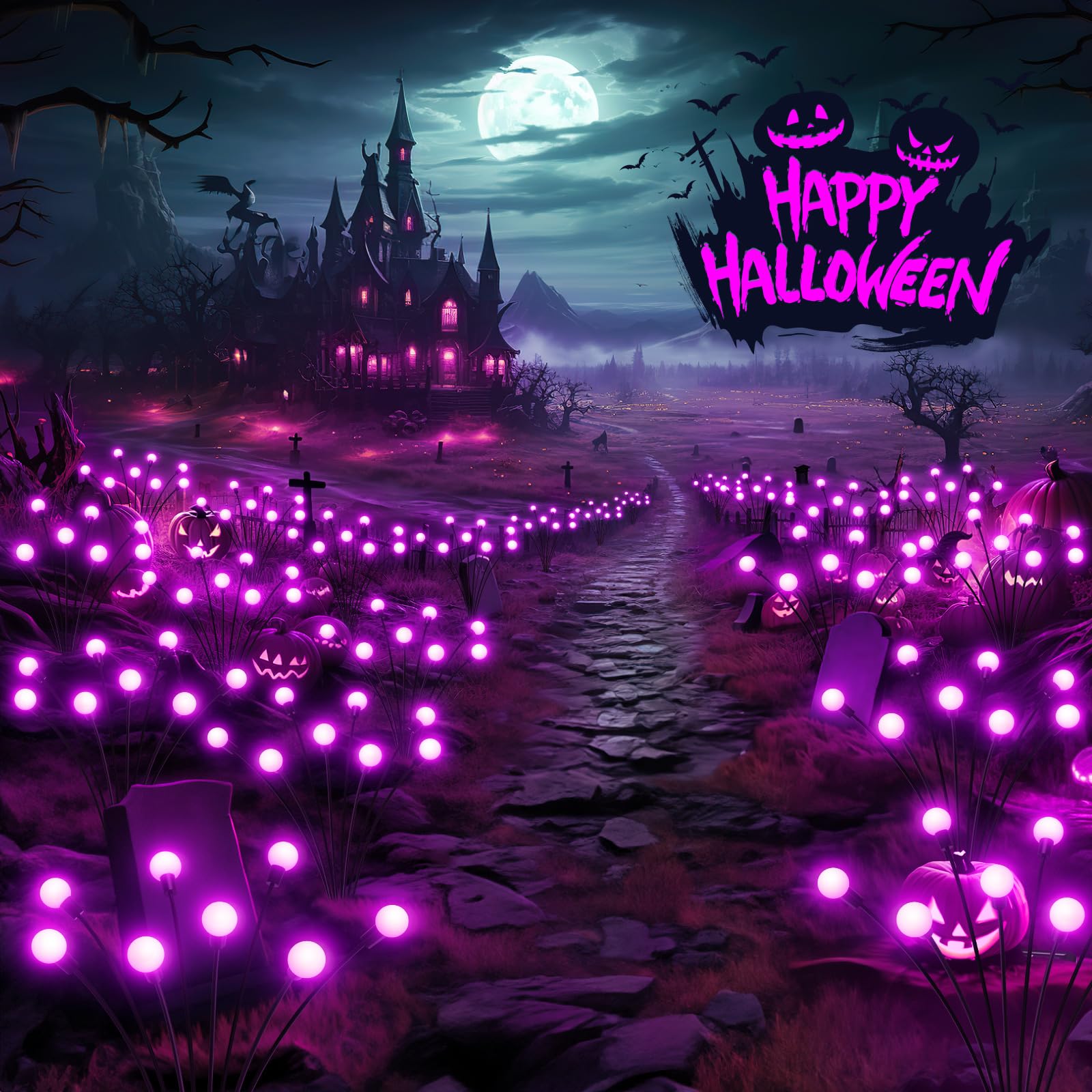 KELME Halloween Decorations Outdoor, 8 Pack 64 LED Swaying Solar Halloween Lights, Bright Firefly Garden Lights Solar Outdoor Halloween Decor Decorations for Outside Yard Pathway - Purple