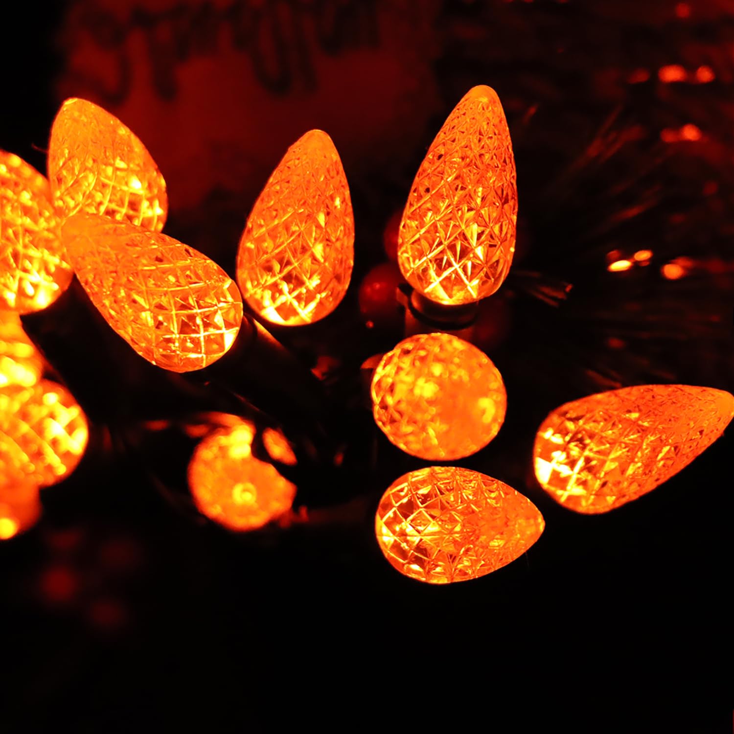 HUGSVIK 100 LED C6 Solar Orange Halloween Lights, 8 Modes Orange Christmas Lights for Outdoor, Waterproof Solar Orange Lights for Halloween, Christmas Tree Thanksgiving, Fall Garden Yard and Patio