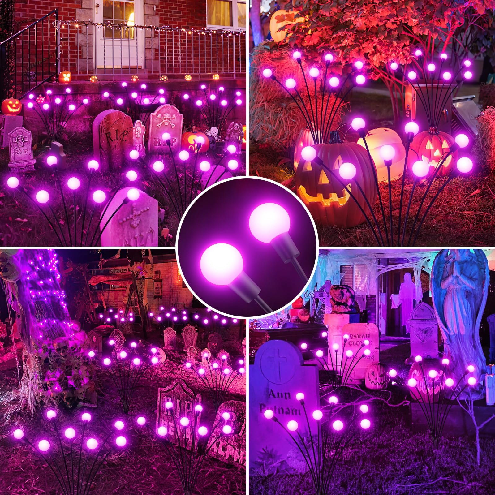 KELME Halloween Decorations Outdoor, 8 Pack 64 LED Swaying Solar Halloween Lights, Bright Firefly Garden Lights Solar Outdoor Halloween Decor Decorations for Outside Yard Pathway - Purple
