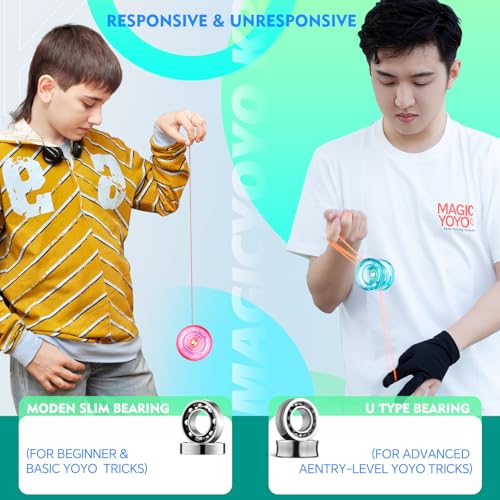 MAGICYOYO 2 Pack Yoyos K2 Crystal Responsive Yoyos for Kids Beginner, Dual Purpose Use with Replacement Unresponsive Bearing for Intermediate Advanced+ Storage Case+ 12 Yoyo Strings (Green+Pink)