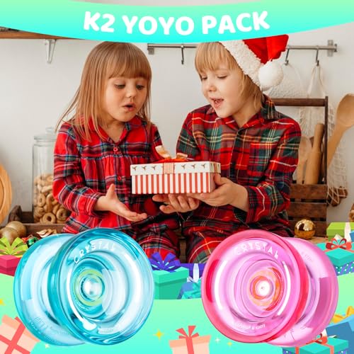 MAGICYOYO 2 Pack Yoyos K2 Crystal Responsive Yoyos for Kids Beginner, Dual Purpose Use with Replacement Unresponsive Bearing for Intermediate Advanced+ Storage Case+ 12 Yoyo Strings (Green+Pink)