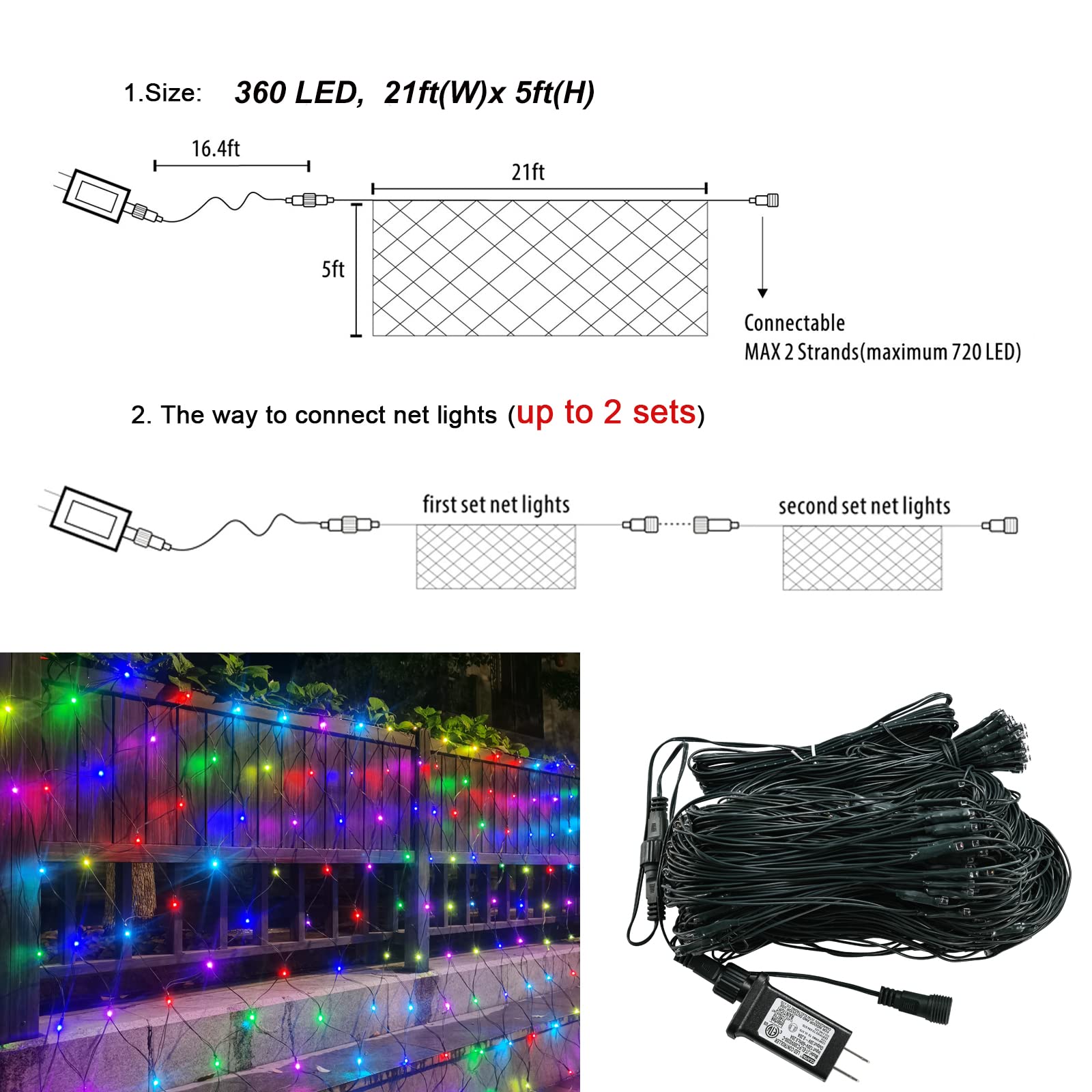 OYCBUZO 360LED Colorful Christmas Net Lights, 21ft x 5ft Connectable String Mesh Lights 8 Modes, Waterproof Christmas Lights Outdoor for Xmas Tree Bushes Garden Holiday Party - Multicolour