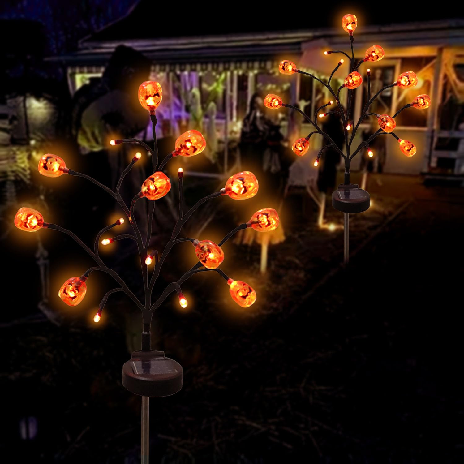 2 Packs 40LED Solar Halloween Pumpkin Stake Lights, 2 Modes Orange Pumpkin Halloween Lights, Waterproof Halloween Pumpkin Decorations for Halloween, Thanksgiving Fall Garden Yard Pathway Walkway
