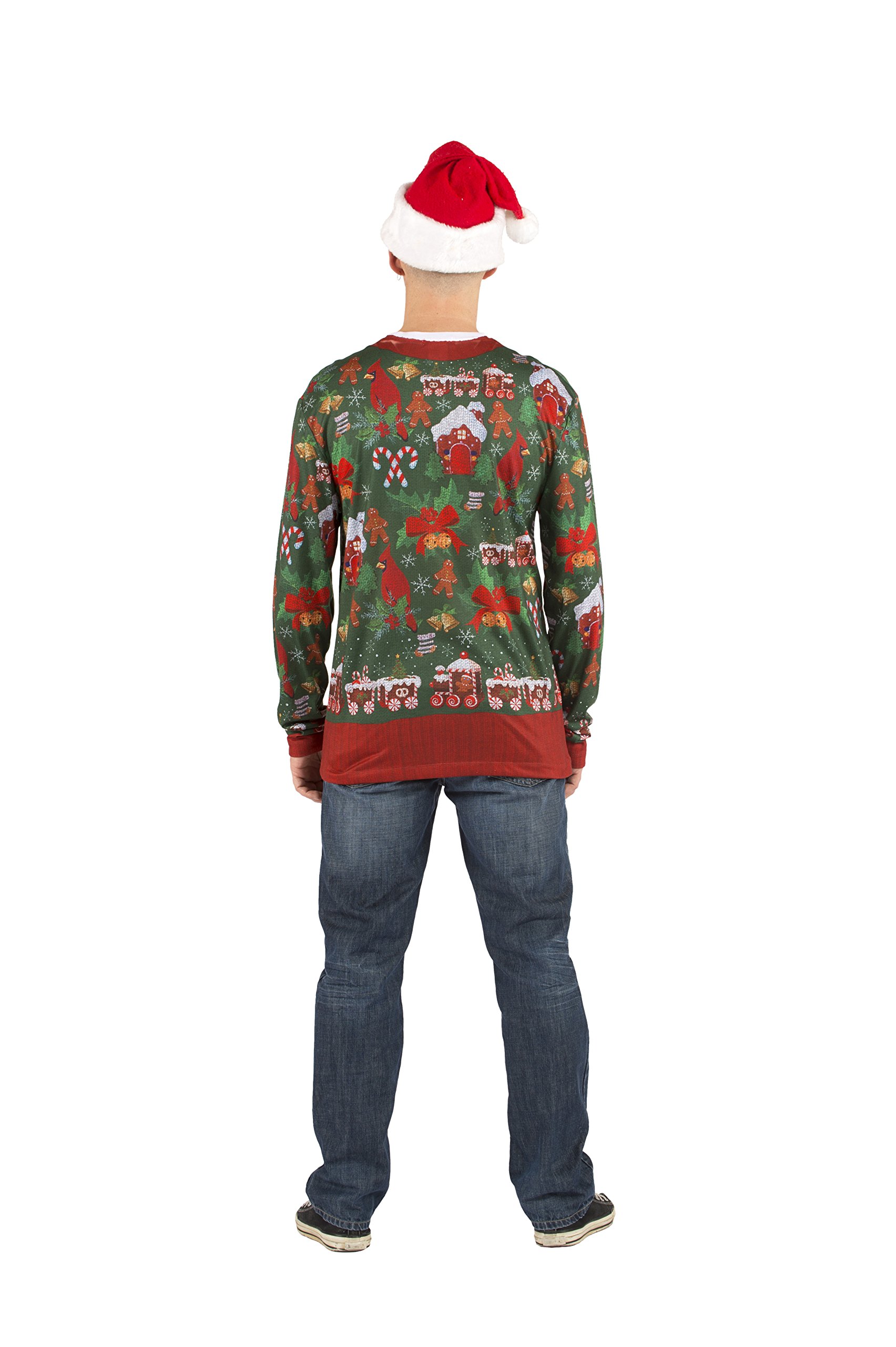 Faux Real Men's 3D Photo-Realistic Ugly Christmas Sweater Long Sleeve T-Shirt, Multicolor, X-Large