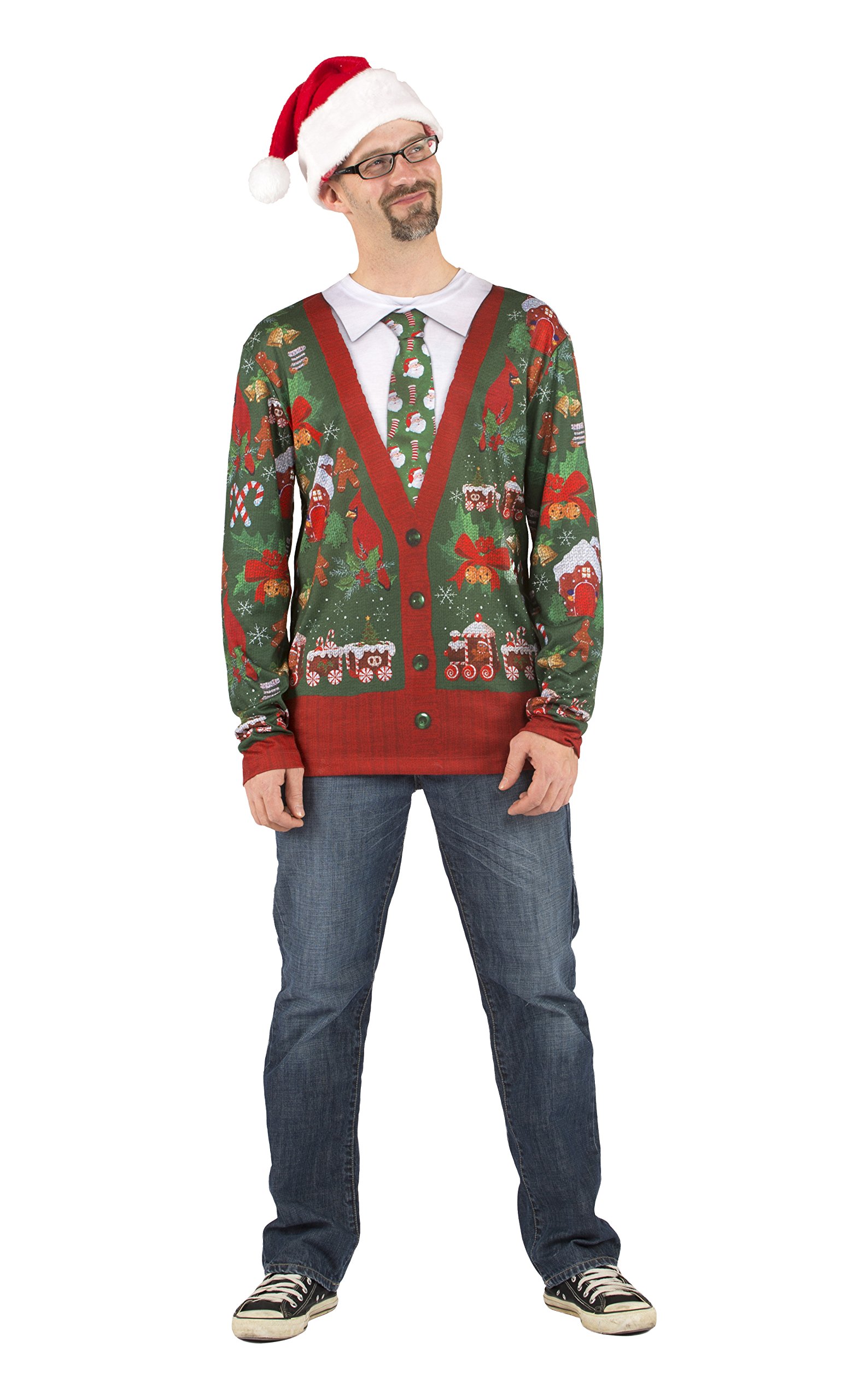 Faux Real Men's 3D Photo-Realistic Ugly Christmas Sweater Long Sleeve T-Shirt, Multicolor, X-Large