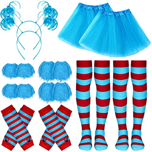 Leyndo 12 Pcs Tutu Women Costume Sets for 2 Girls School Classroom Reading Activities Costume Skirt Arm Socks Gloves Headband(Blue)