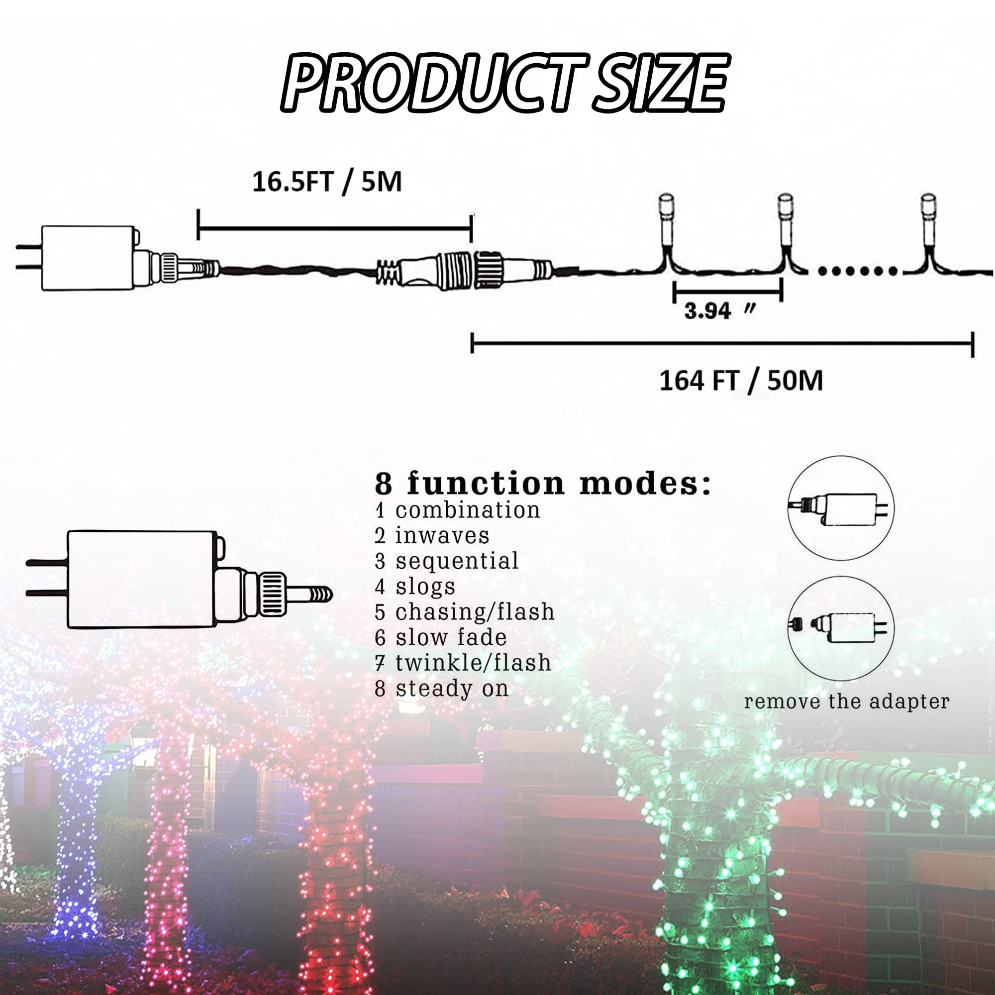 FUNPENY 164FT 500 LED Christmas Indoor Outdoor Decorative String Lights, 8 Modes Waterproof Plug in Green Wire LED Fairy Light for Christmas Party Wedding Garden Home Decoration (Blue)