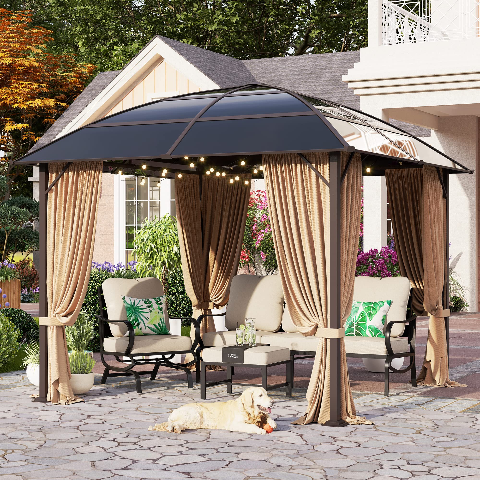 PHI VILLA 10' x 10' Hardtop Gazebo Outdoor Pavilion Tents Metal Frame Curved Roof Patio Gazebo with Netting and Curtains for Parties,Patio, Garden, Lawn(Brown)