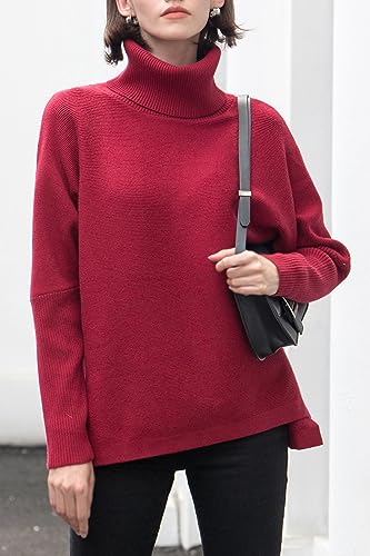 LANYO LILI Women Turtleneck Long Batwing Sleeve Spilt Hem Casual Oversized Pullover Sweater Knit Tops Burgundy