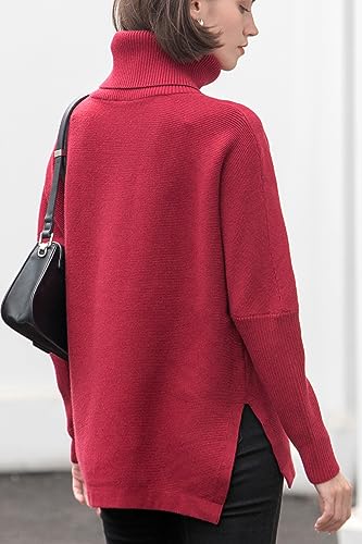 LANYO LILI Women Turtleneck Long Batwing Sleeve Spilt Hem Casual Oversized Pullover Sweater Knit Tops Burgundy
