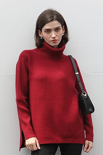 LANYO LILI Women Turtleneck Long Batwing Sleeve Spilt Hem Casual Oversized Pullover Sweater Knit Tops Burgundy