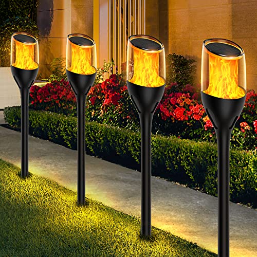 WdtPro Solar Outdoor Taller Torch Lights with Flickering Flame, Waterproof Garden Pathway Lights, Flame Torches for Outside Patio Path Yard Decorations