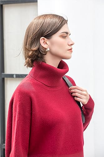 LANYO LILI Women Turtleneck Long Batwing Sleeve Spilt Hem Casual Oversized Pullover Sweater Knit Tops Burgundy