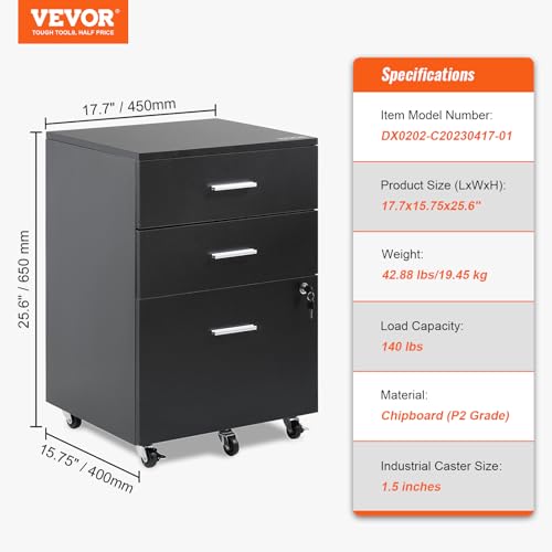 VEVOR File Cabinet, 3-Drawer Wood Filing Cabinet, Locking Office Cabinet for Letter/A4 Size, File Cabinet with 5 Wheels for Home Office, Black