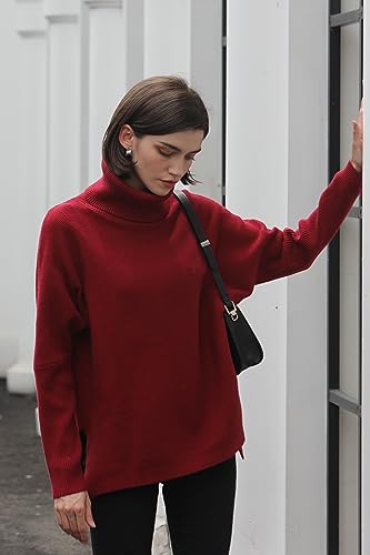 LANYO LILI Women Turtleneck Long Batwing Sleeve Spilt Hem Casual Oversized Pullover Sweater Knit Tops Burgundy