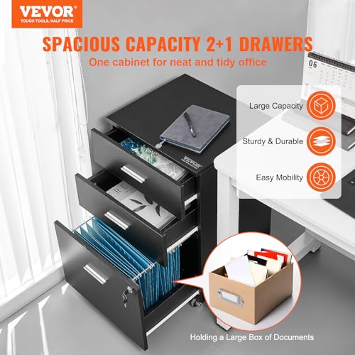 VEVOR File Cabinet, 3-Drawer Wood Filing Cabinet, Locking Office Cabinet for Letter/A4 Size, File Cabinet with 5 Wheels for Home Office, Black