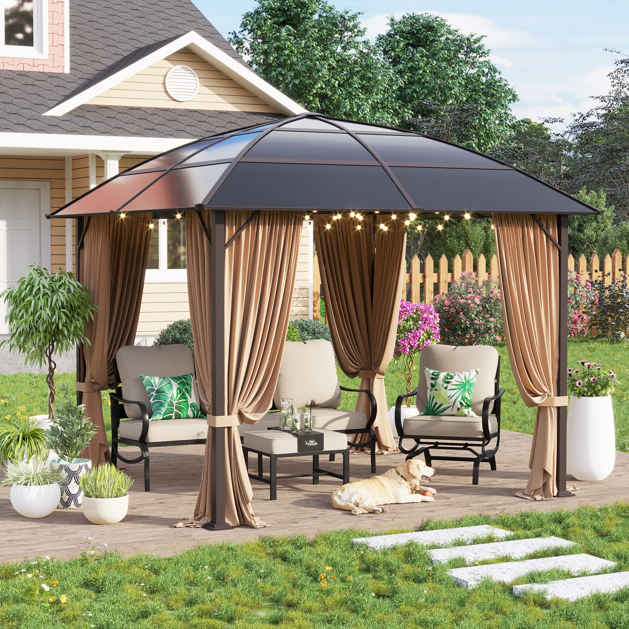 PHI VILLA 10' x 10' Hardtop Gazebo Outdoor Pavilion Tents Metal Frame Curved Roof Patio Gazebo with Netting and Curtains for Parties,Patio, Garden, Lawn(Brown)