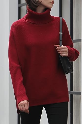 LANYO LILI Women Turtleneck Long Batwing Sleeve Spilt Hem Casual Oversized Pullover Sweater Knit Tops Burgundy