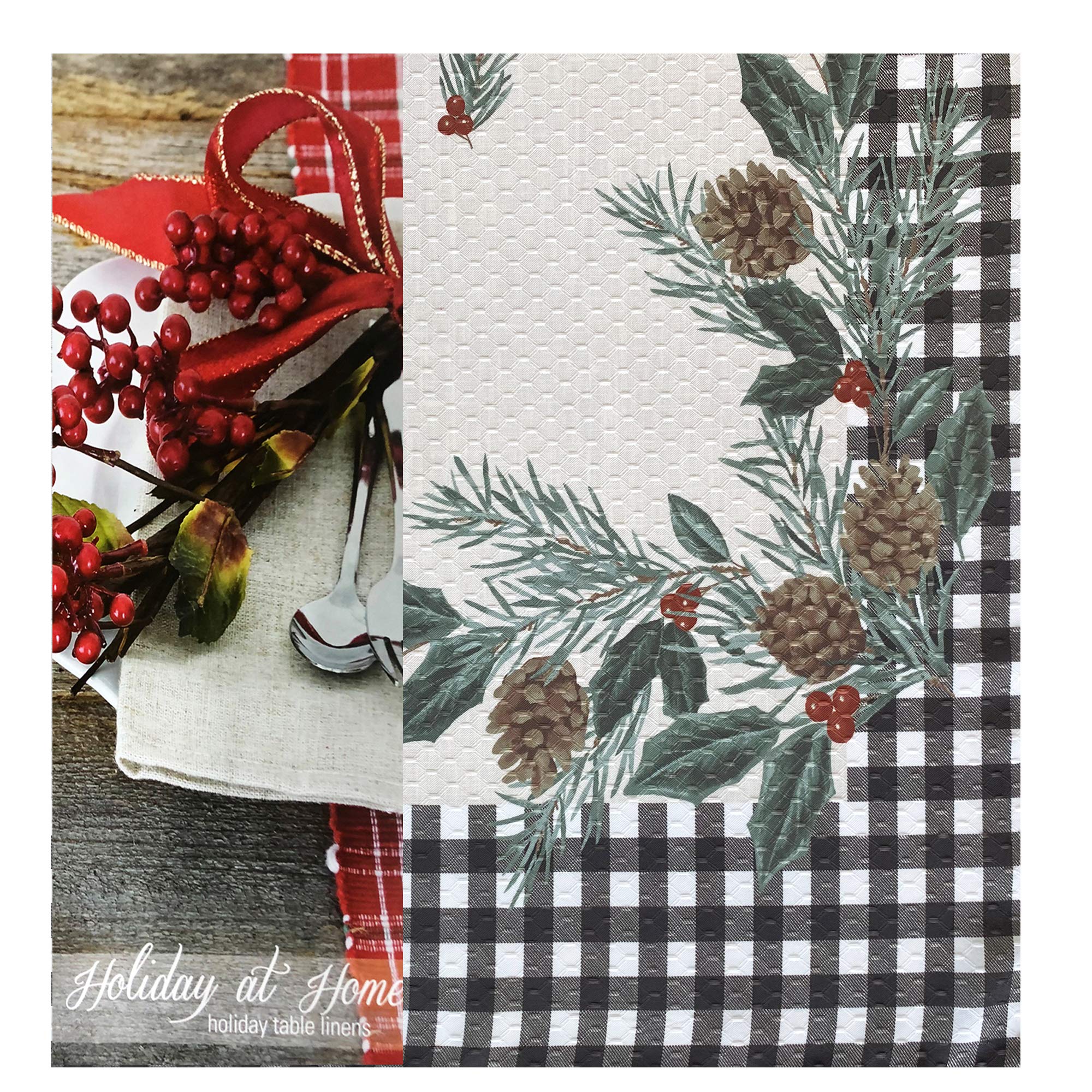 Lintex Festive Berry Black Plaid Country Rustic Bordered Christmas Tablecloth, Cottage Check and Holly Bordered Xmas and Holiday Print Easy Care Fabric Tablecloth, 70 Inch Round