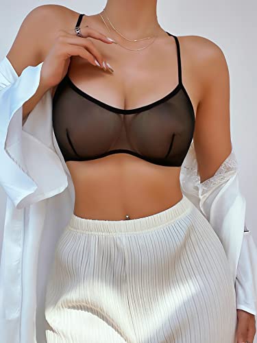 SOLY HUX Women's Mesh Solid Sheer See Through Lingerie Set Sexy Lace Bra and Panty 2 Piece