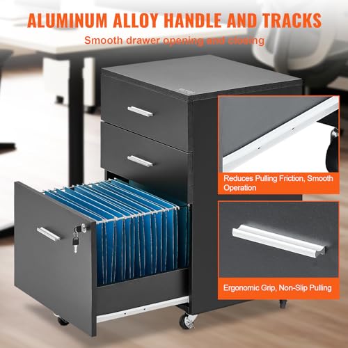 VEVOR File Cabinet, 3-Drawer Wood Filing Cabinet, Locking Office Cabinet for Letter/A4 Size, File Cabinet with 5 Wheels for Home Office, Black