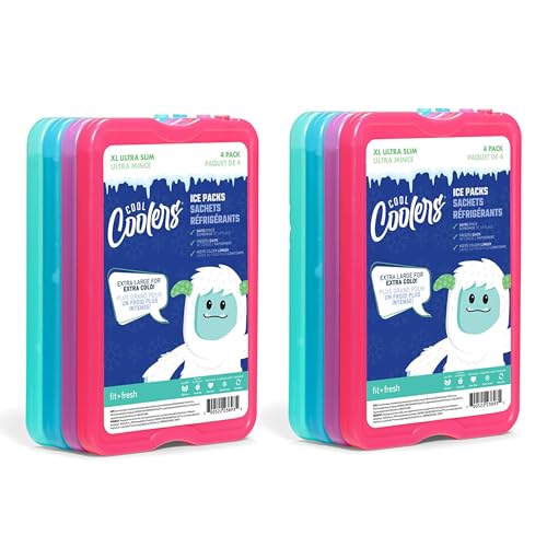 Cool Coolers by Fit + Fresh, Reusable & Long-Lasting XL Slim Ice Packs, Cold Packs for Lunch Boxes, ice Pack for Lunch Bags. Cooler Accessories for Camping, Beach, Lunch, and Work, 8PK, Multicolored