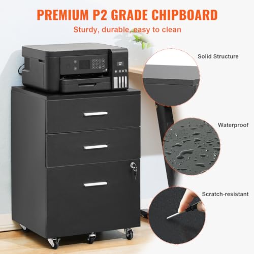 VEVOR File Cabinet, 3-Drawer Wood Filing Cabinet, Locking Office Cabinet for Letter/A4 Size, File Cabinet with 5 Wheels for Home Office, Black