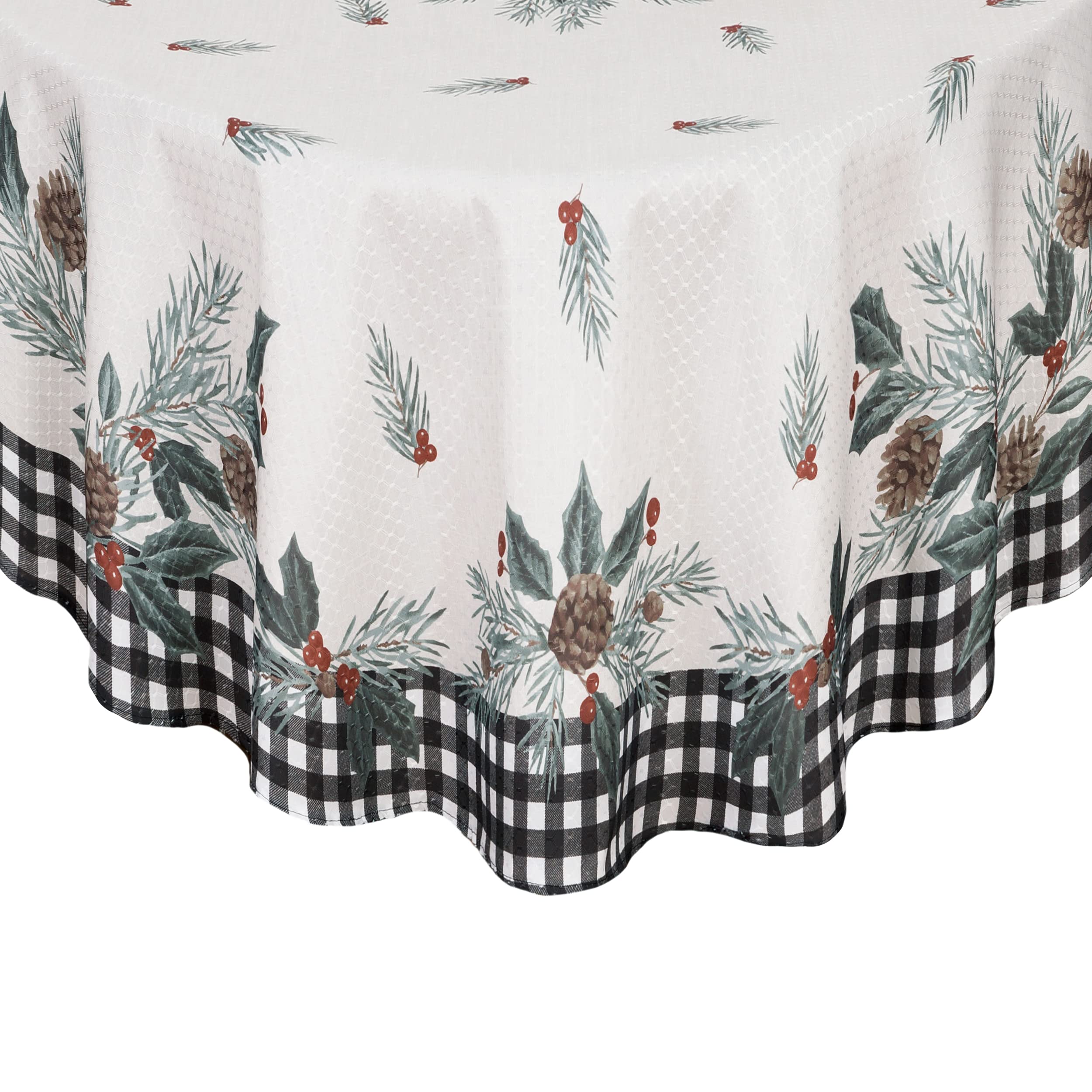 Lintex Festive Berry Black Plaid Country Rustic Bordered Christmas Tablecloth, Cottage Check and Holly Bordered Xmas and Holiday Print Easy Care Fabric Tablecloth, 70 Inch Round