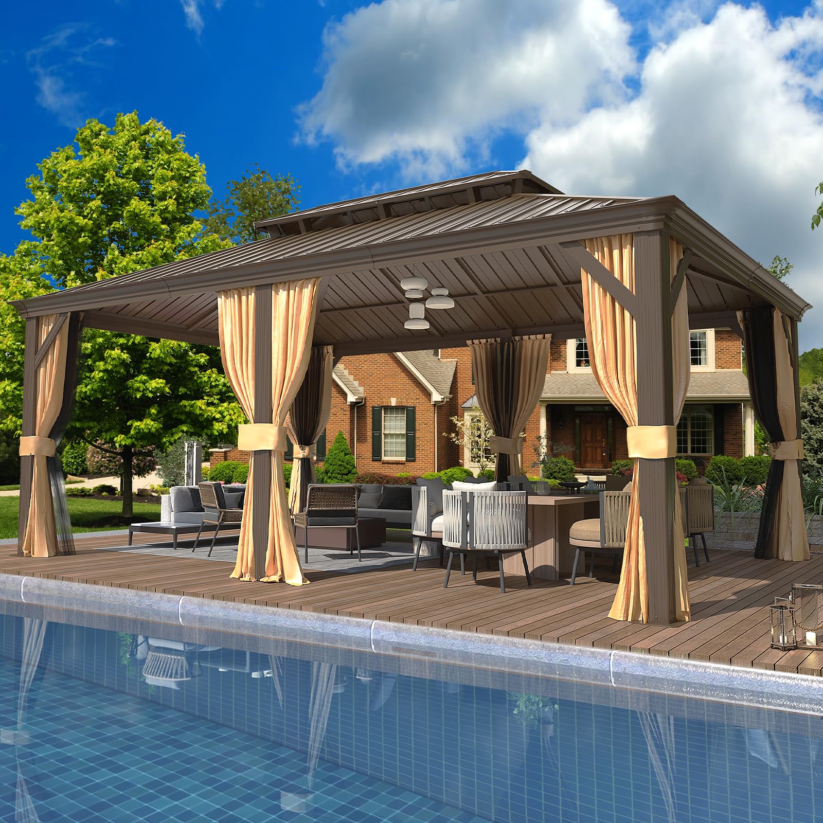 EROMMY 12'x18' Hardtop Gazebo,Galvanized Steel Double Roof Metal Gazebos with Curtain and Netting, Brown Permanent Pavilion Canopy with Aluminum Frame for Patios,Gardens,Lawns