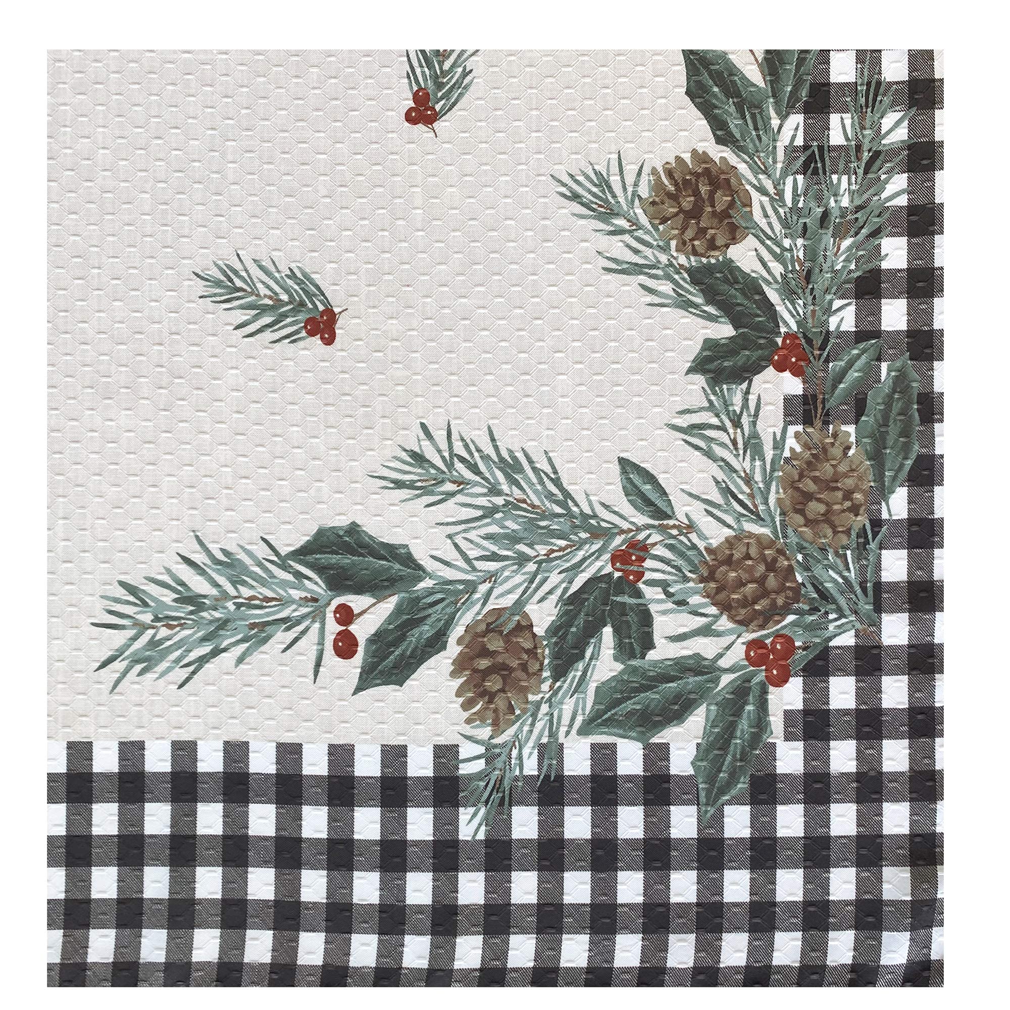 Lintex Festive Berry Black Plaid Country Rustic Bordered Christmas Tablecloth, Cottage Check and Holly Bordered Xmas and Holiday Print Easy Care Fabric Tablecloth, 70 Inch Round