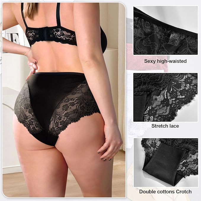 Cinvik Womens Lace Panties High Waisted Underwear Ladies Sexy Seamless Black 6 Pack M