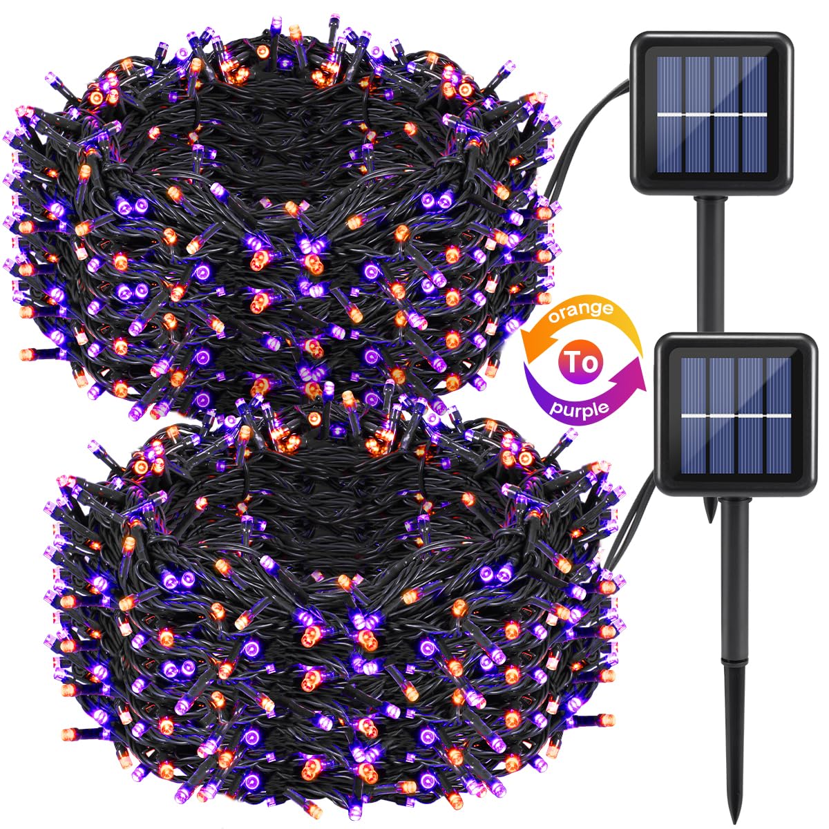 Purple Orange Halloween Lights Outdoor, 440LED Solar Halloween Lights for Outdoor Halloween Decor, Each 78FT Halloween Solar String Lights for Outside, LED Fairy Lights for Halloween Decorations 2Pack