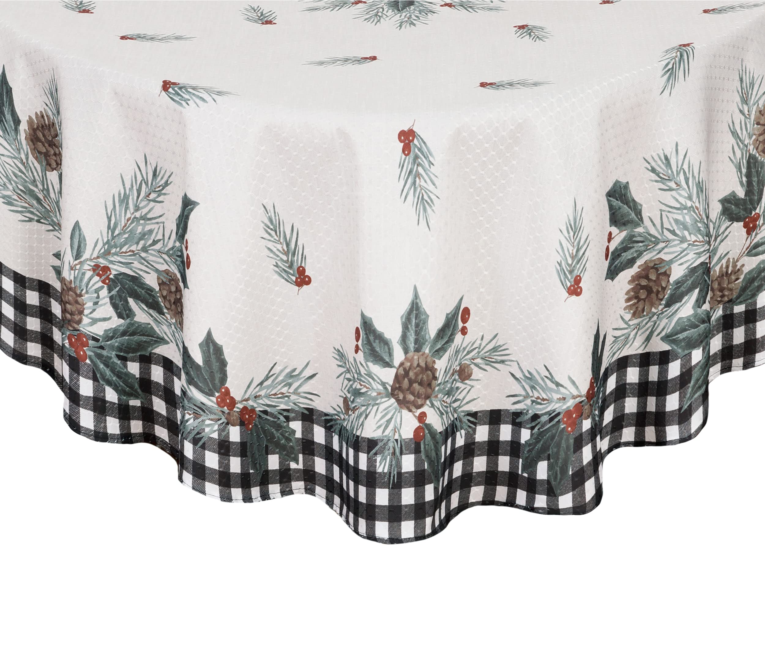 Lintex Festive Berry Black Plaid Country Rustic Bordered Christmas Tablecloth, Cottage Check and Holly Bordered Xmas and Holiday Print Easy Care Fabric Tablecloth, 70 Inch Round