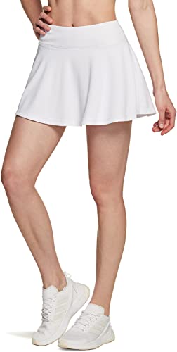 TSLA Women's Athletic Skorts Lightweight Active Tennis Skirts, Workout Running Golf Skirt with Pockets Built-in Shorts, Flared Skorts White, Small