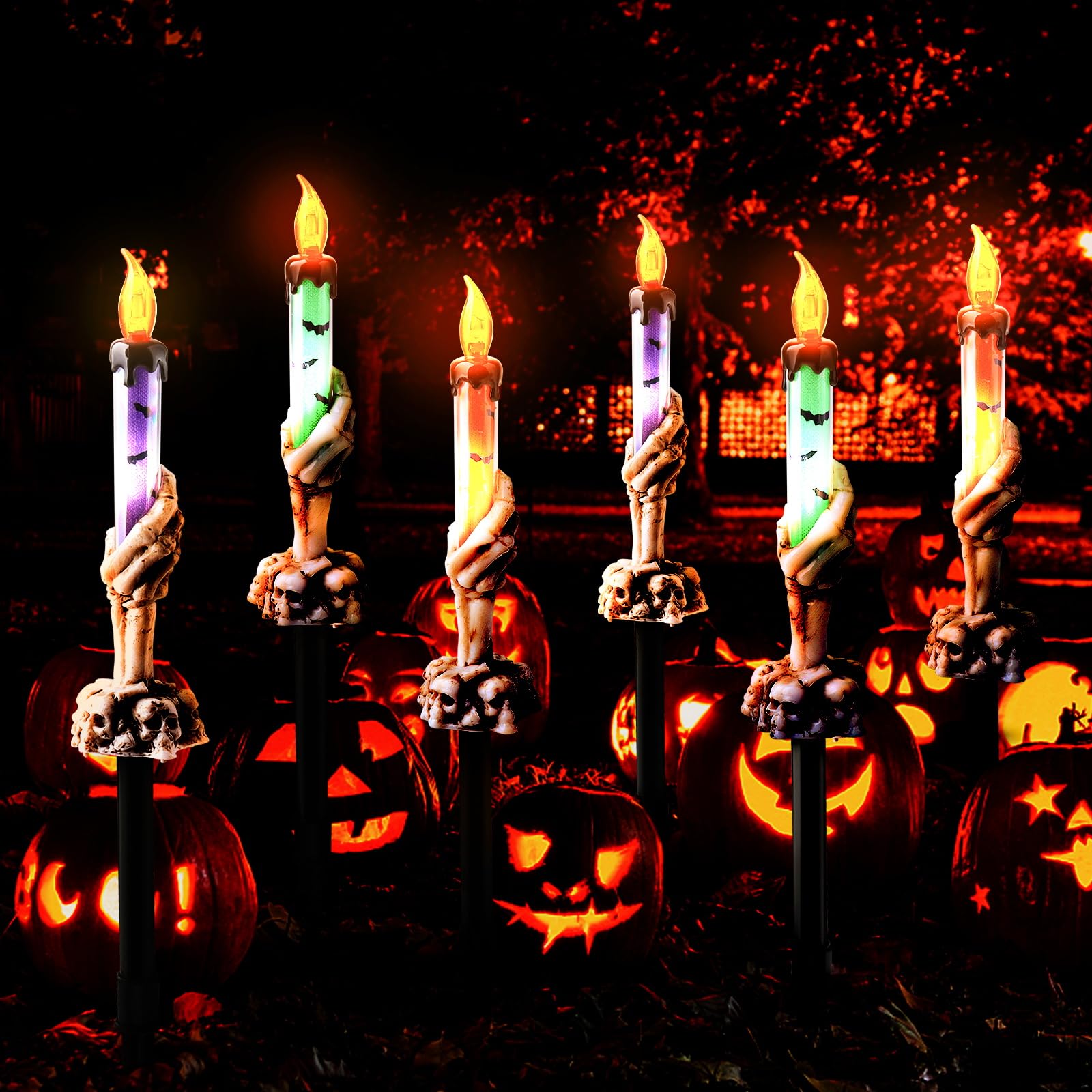 Halloween Solar Candle Light Stakes, 6 Pcs Skeleton Hands Hold Lighted Candle Paito Decor Pathway Makers, Waterproof Light Up Figurine for Outdoor Indoor Halloween Party Decorations