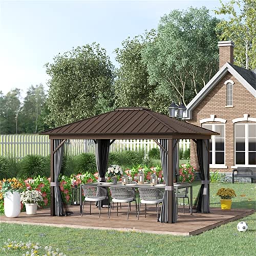 ZZBJ 10' X 12' Outdoor Hardtop Gazebo with Aluminum Frame, Metal Roof Gazebo Canopy with Curtains and Netting