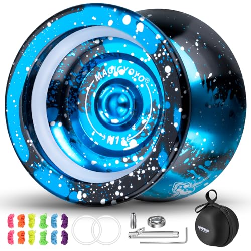 MAGICYOYO N11 Yoyo Professional Unresponsive yoyo for Adults, Dual Metal Yoyo for Beginner, Pro Yoyo with 12 Yoyo Strings, Yoyo Case Bag, Responsive Yoyo Bearing Kit (Black Blue Silver)