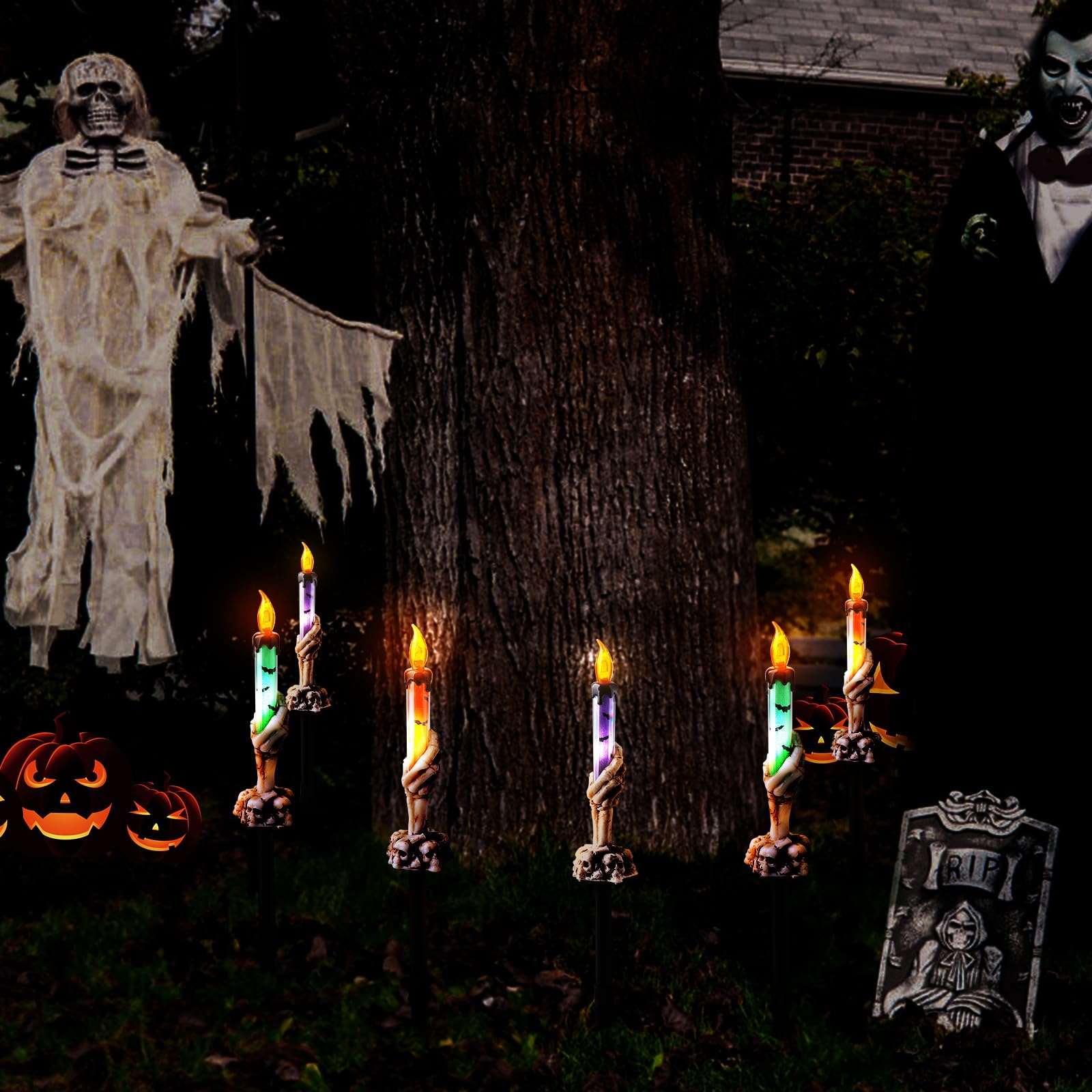 Halloween Solar Candle Light Stakes, 6 Pcs Skeleton Hands Hold Lighted Candle Paito Decor Pathway Makers, Waterproof Light Up Figurine for Outdoor Indoor Halloween Party Decorations