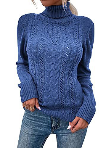 Hongqizo Women Casual Turtleneck Long Sleeve Sweater Cable Knit Pullover Solid Slim Fit Sweater Turtleneck Tops Navy