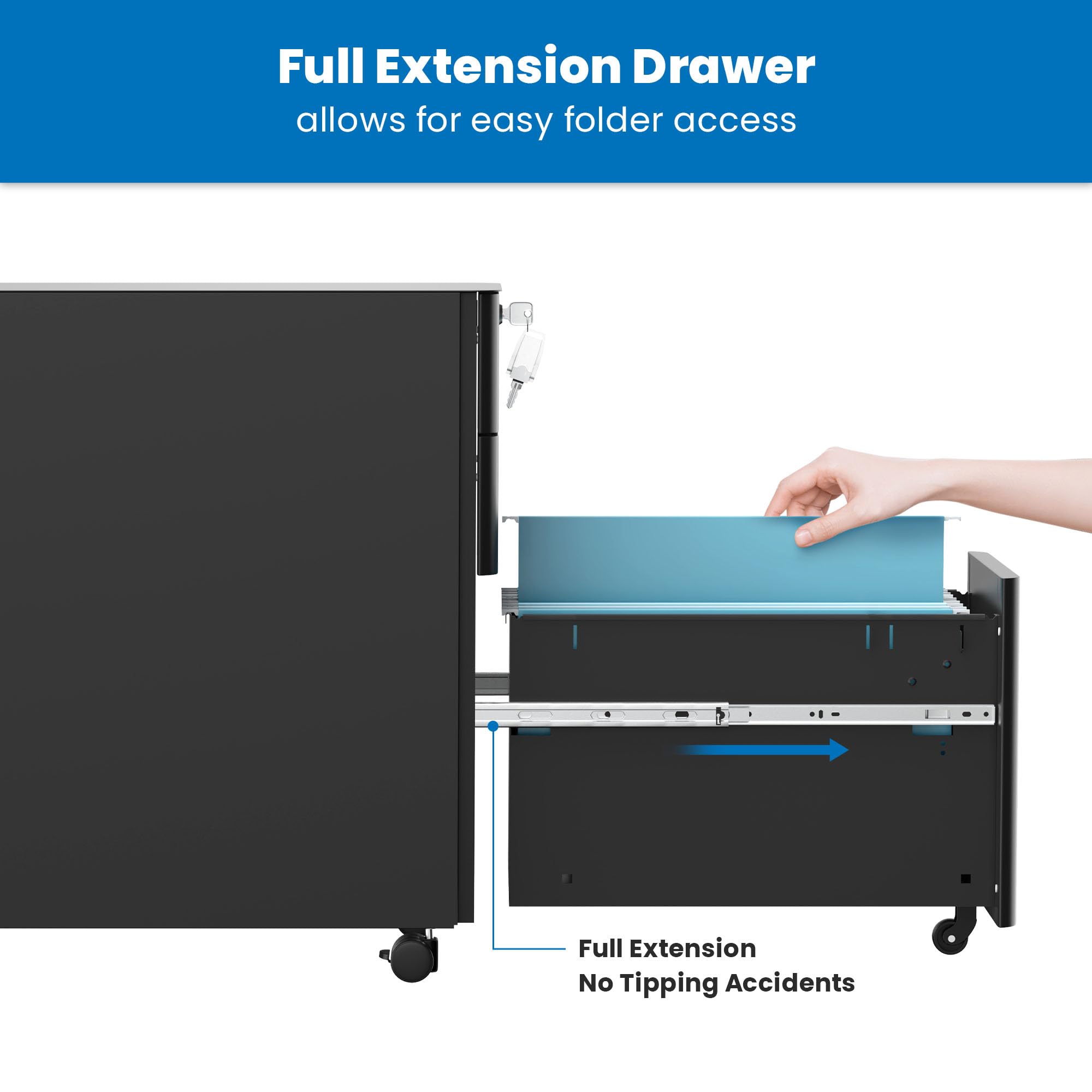 Mount-It! Slim Rolling Under Desk Cabinet, Mobile Filing Cabinet with 3 Drawers and Lock for Home & Office Storage, Black