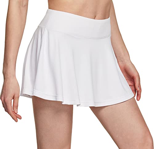 TSLA Women's Athletic Skorts Lightweight Active Tennis Skirts, Workout Running Golf Skirt with Pockets Built-in Shorts, Flared Skorts White, Small