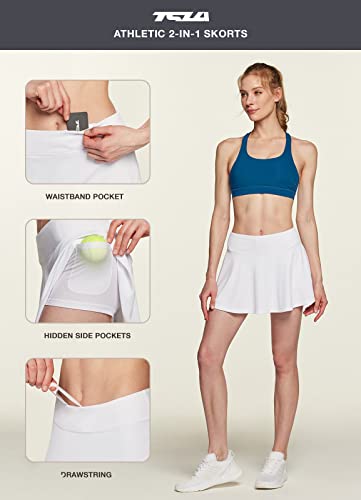 TSLA Women's Athletic Skorts Lightweight Active Tennis Skirts, Workout Running Golf Skirt with Pockets Built-in Shorts, Flared Skorts White, Small