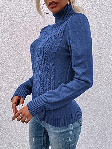 Hongqizo Women Casual Turtleneck Long Sleeve Sweater Cable Knit Pullover Solid Slim Fit Sweater Turtleneck Tops Navy